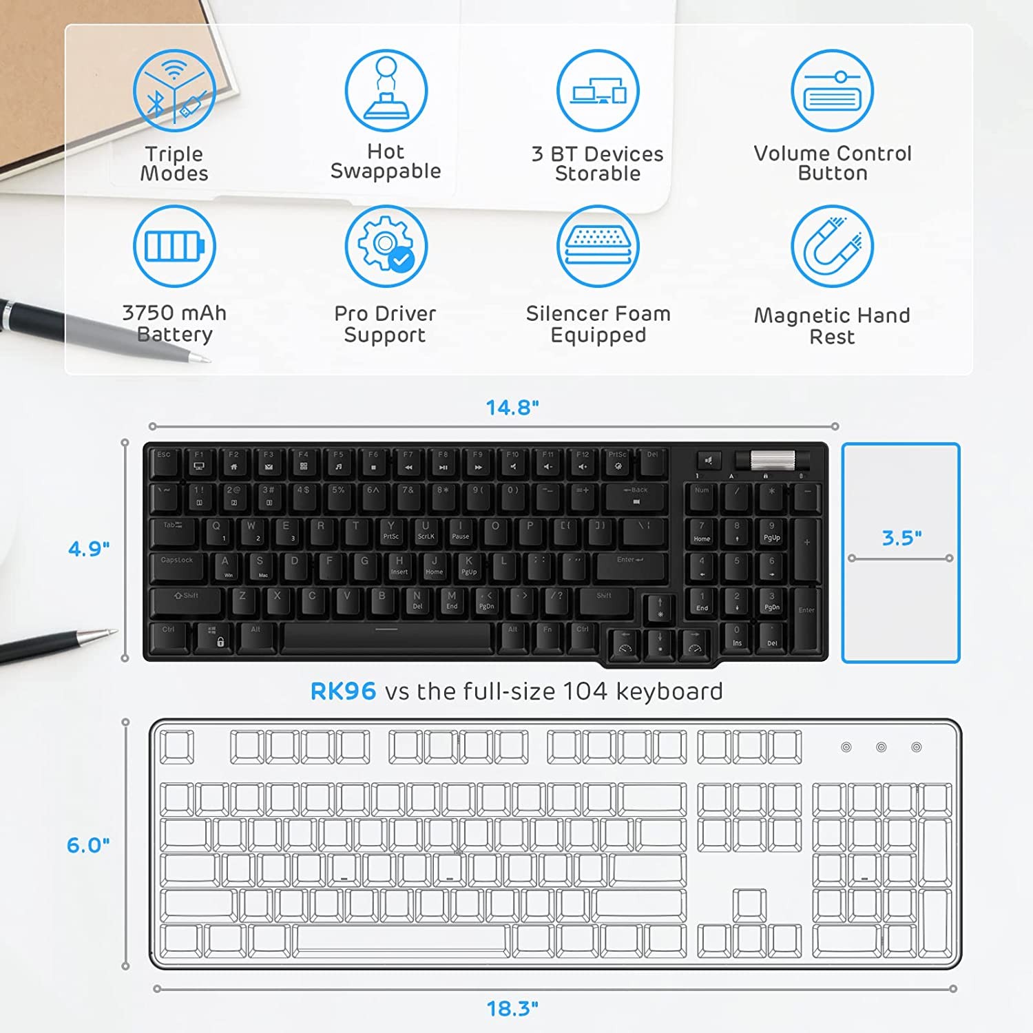Royal Kludge RK96 Black Wireless Mechanical Keyboard | 90%, Hot-swap ...