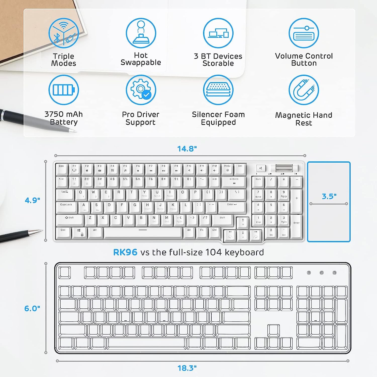 Royal Kludge RK96 White Wireless Mechanical Keyboard | 90%, Hot-swap ...